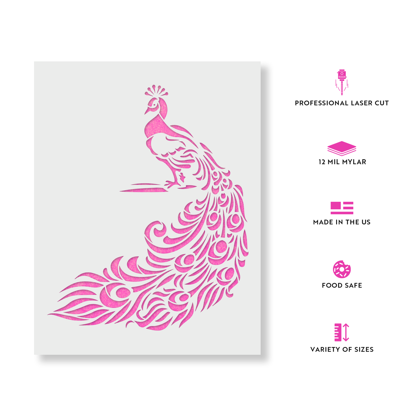 Peacock Stencil Template - Laser-cut Stencil of a Peacock and Feathers